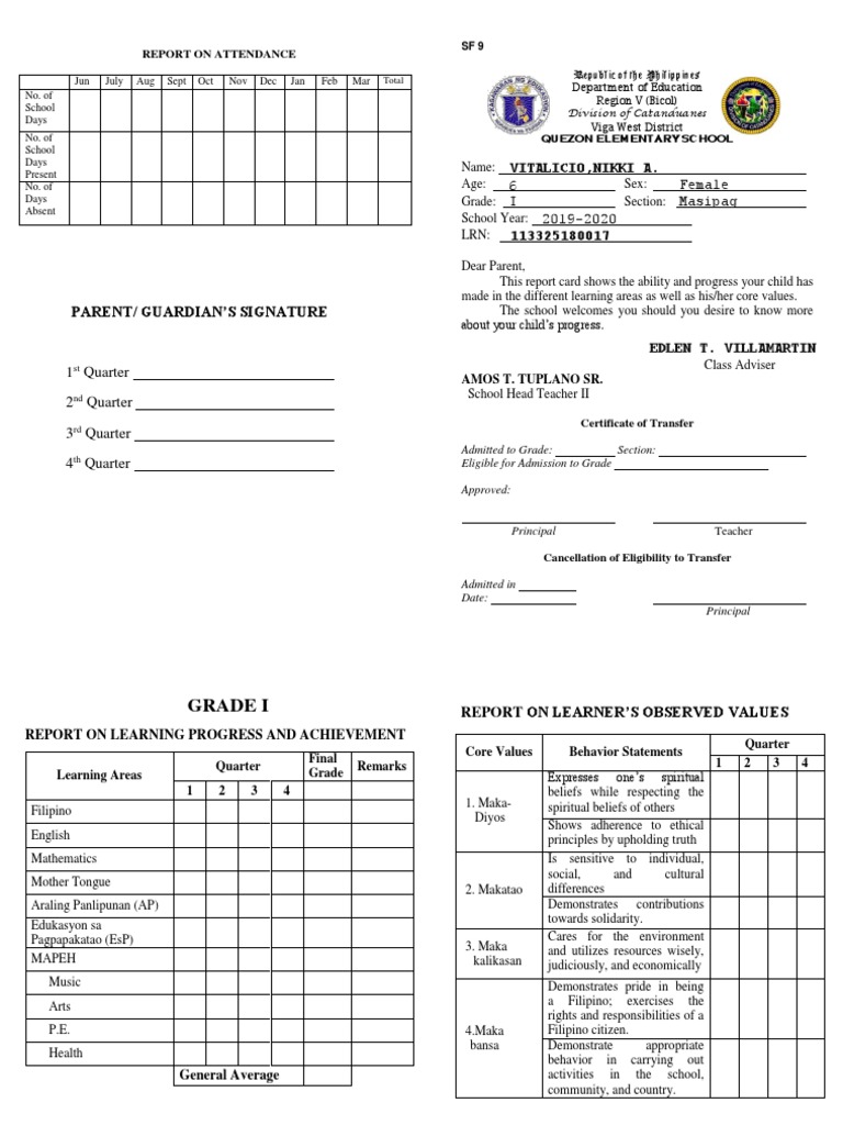 School Report Card For Gr. 1 | PDF | Learning | Behavior Modification