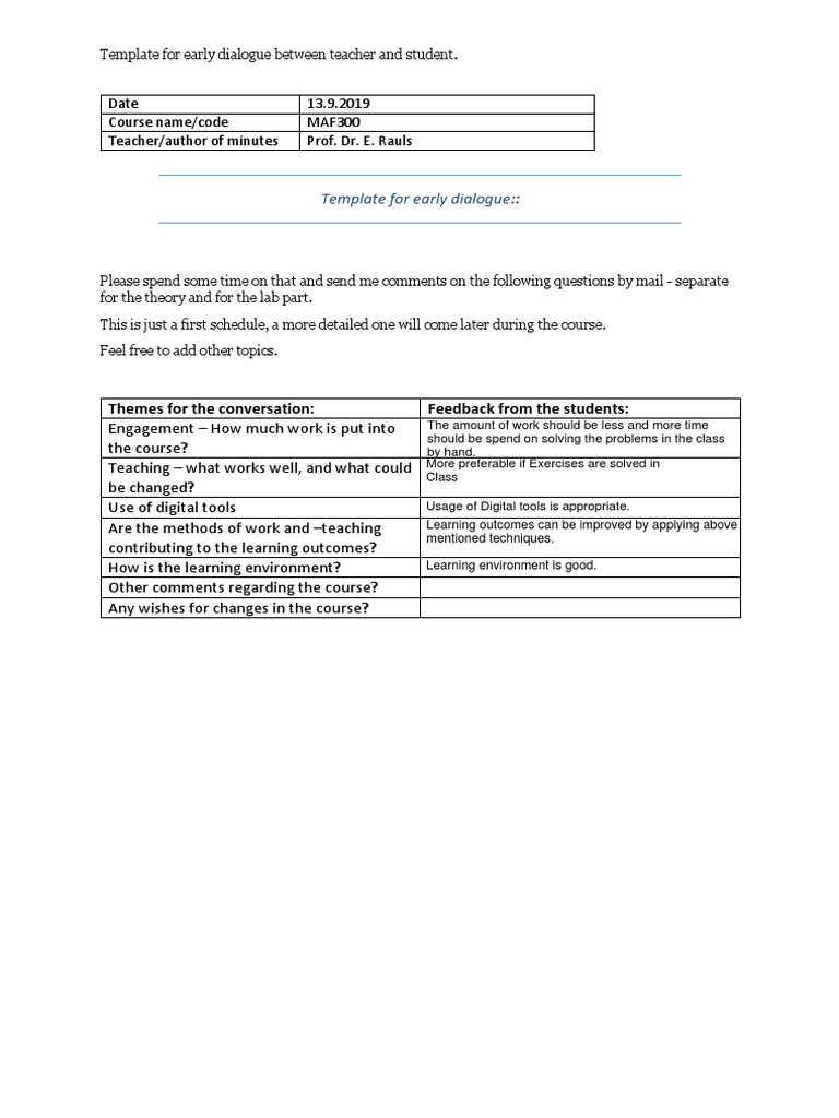 Early Teacher-Student Dialogue Template | PDF