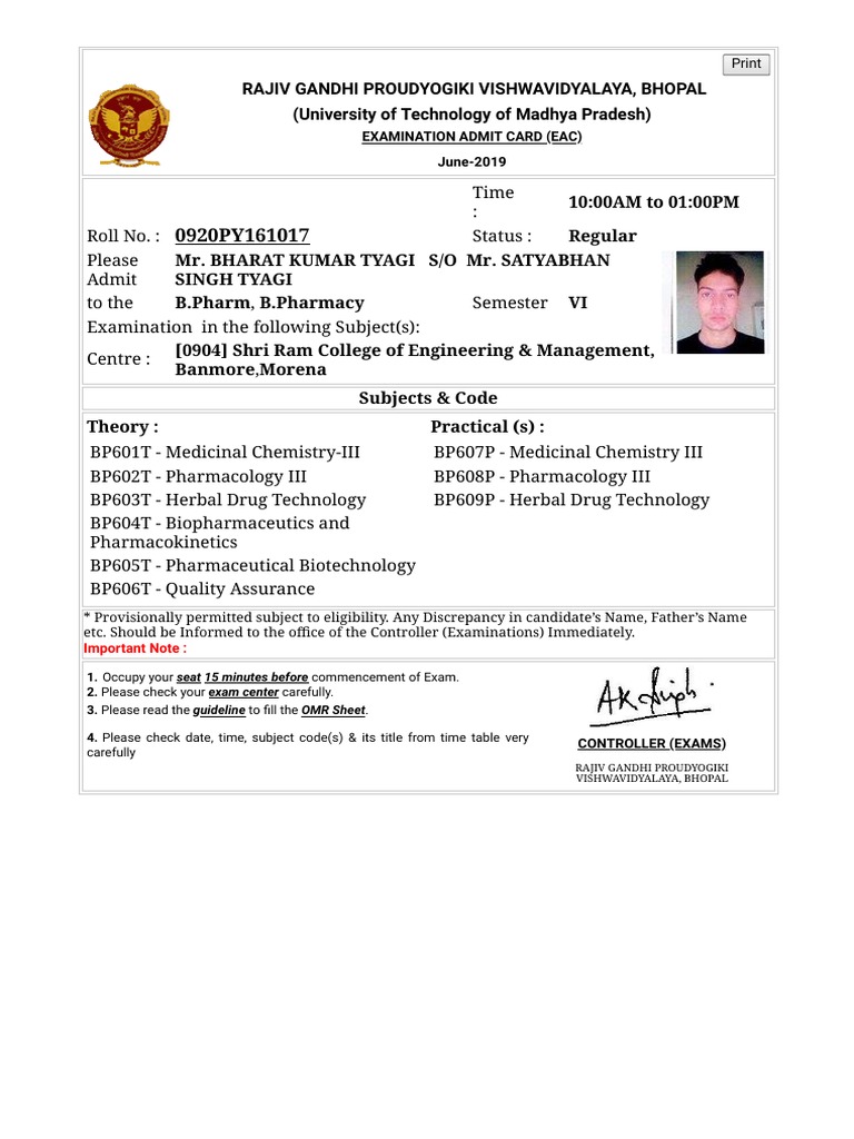 Examination Admit Card (Eac) June-2019: Print | PDF
