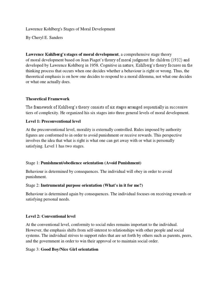Kohlberg Stages of Moral Development by Sanders | PDF | Morality ...