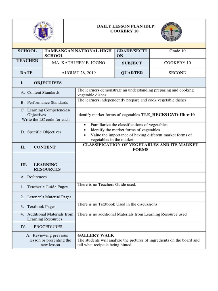 Daily Lesson Plan (DLP) Cookery 10 | PDF | Lesson Plan | Teaching