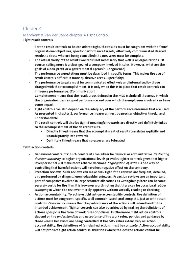 Cluster 4: Merchant & Van Der Stede Chapter 4 Tight Control | PDF ...
