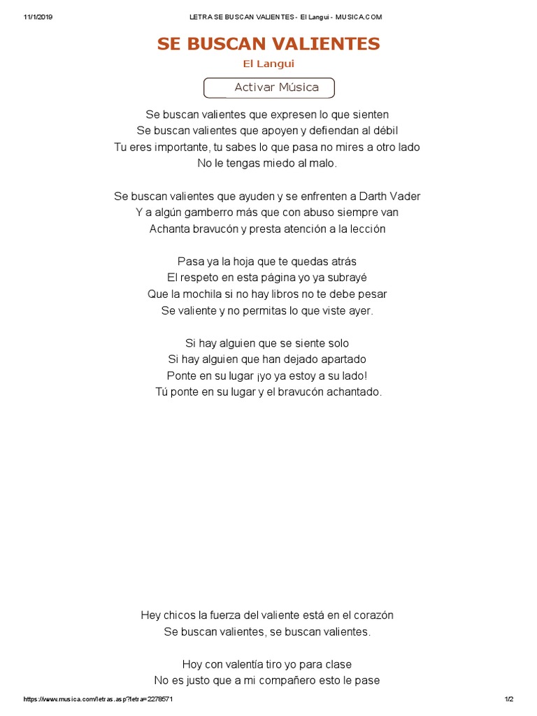 Se buscan valientes: letra de El Langui | PDF