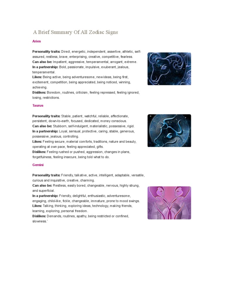 A Brief Summary of All Zodiac Signs: Aries | PDF | Jealousy | Psychology