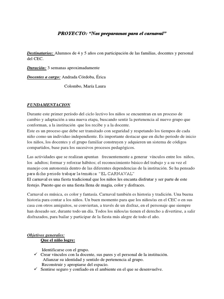 Proyecto Carnaval para Nivel Inicial | PDF | Carnaval | Institución