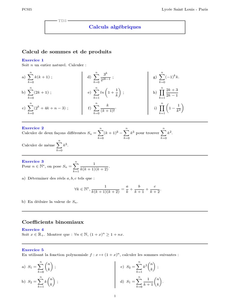 Calcul de sommes et de produits: Calculs alg´ ebriques | Algèbre ...