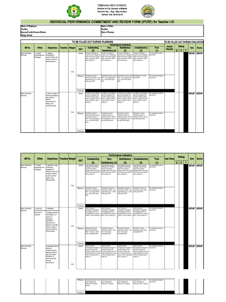 Individual Performance Commitment and Review Form (Ipcrf) For Teacher I ...