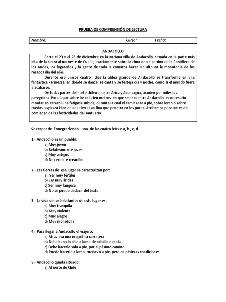 Prueba de Comprensión | PDF | Chile