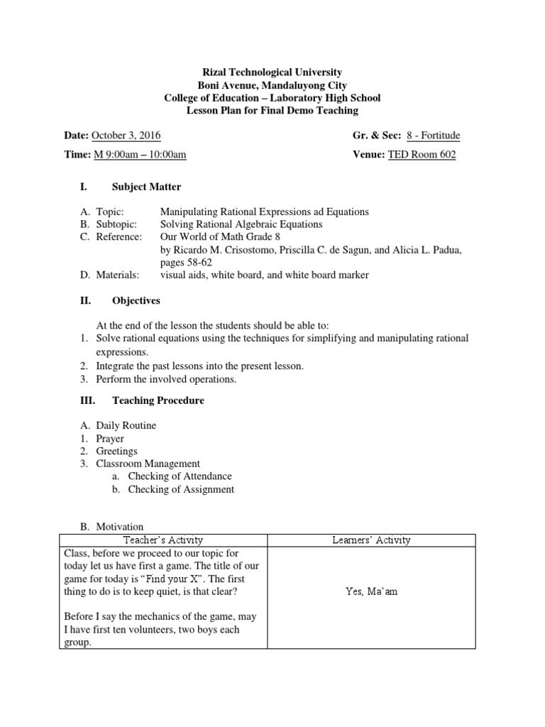 Lesson Plan: Rational Expressions 8th Grade | PDF | Equations ...