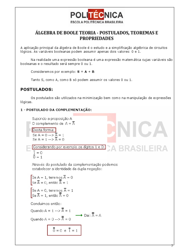 Álgebra de Boole Teoria - Postulados, Teoremas e Propriedades | PDF ...