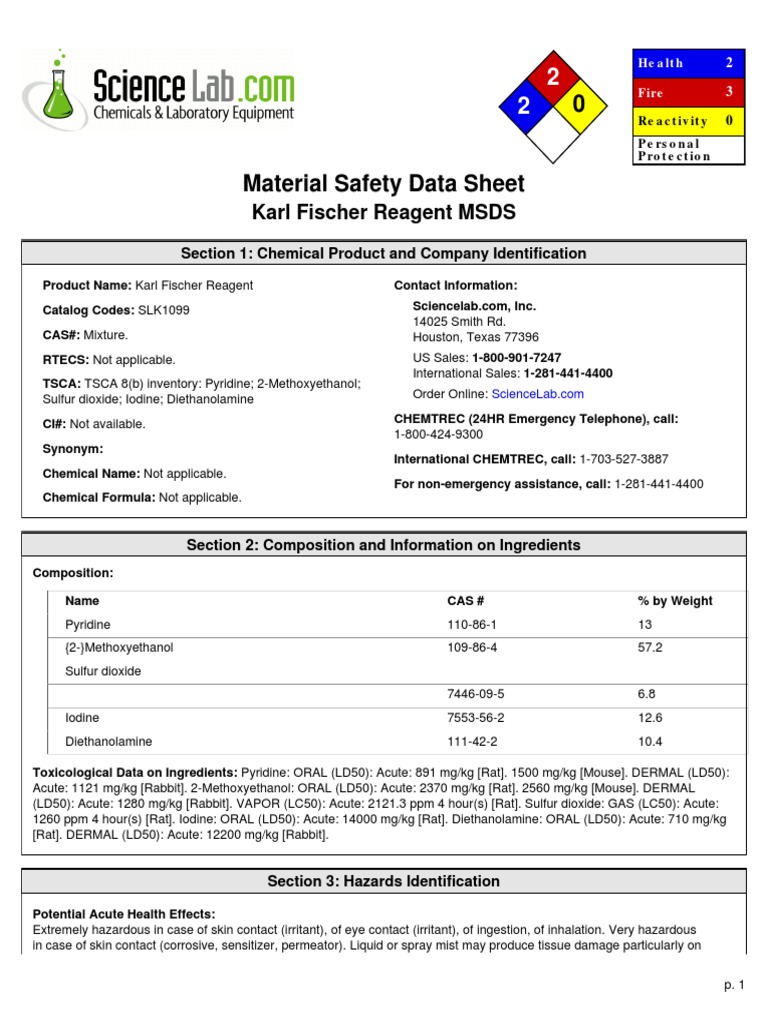 Karl Fischer Reagent MSDS: Section 1: Chemical Product and Company ...