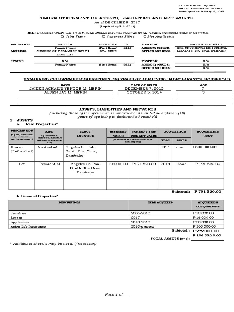 Revised Sworn Statement of Assets, Liabilities and Net Worth Form | PDF ...