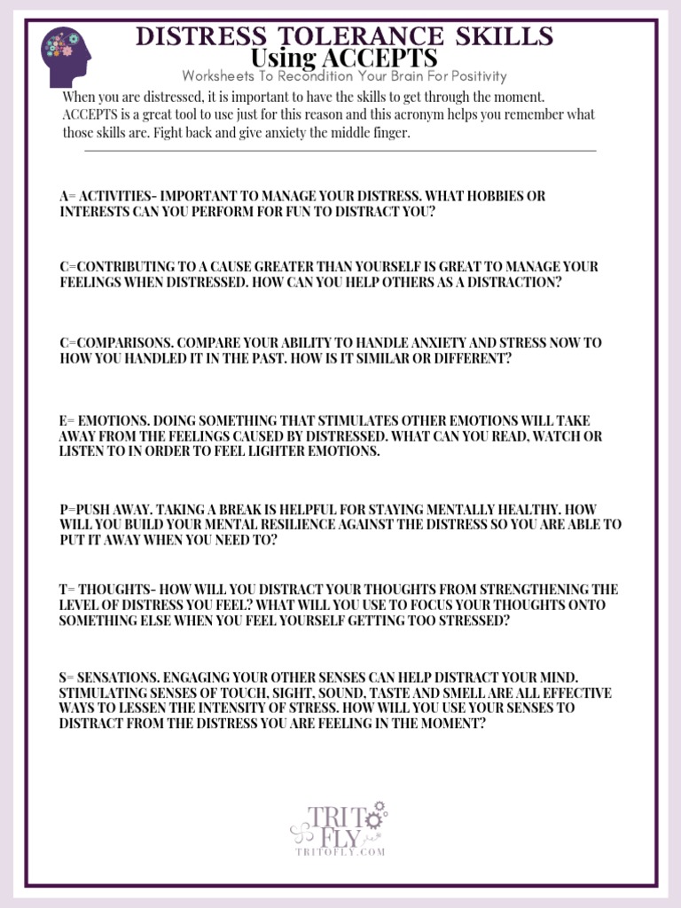 Distress Tolerance Skills Accepts Self-Help Worksheet | PDF