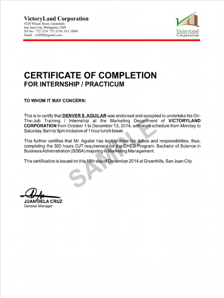 SIP Certificate of Completion Sample | PDF
