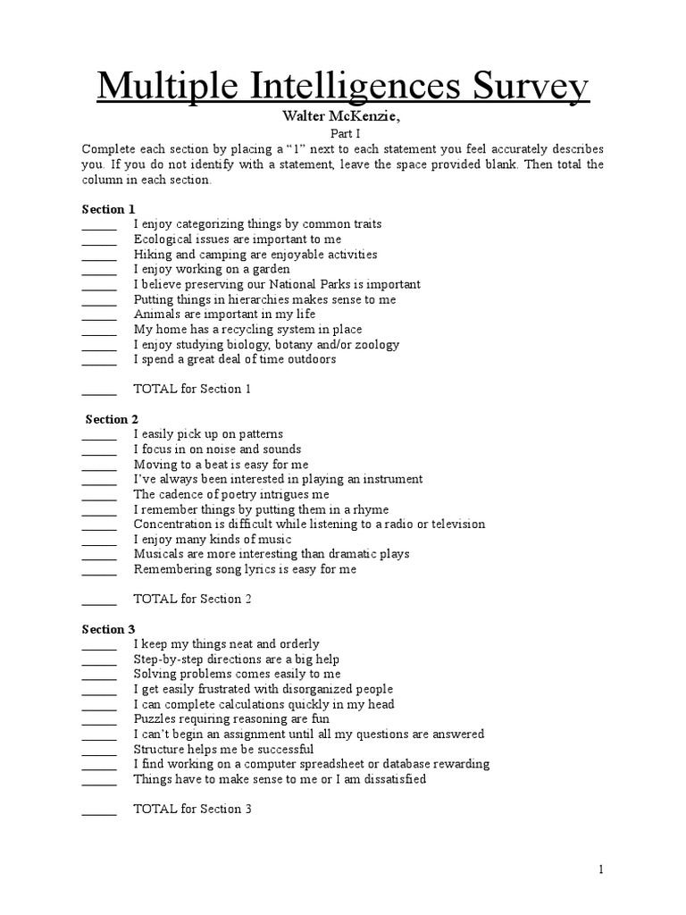 Multiple Intelligences Assessment Tool | PDF | Mind | Psychology
