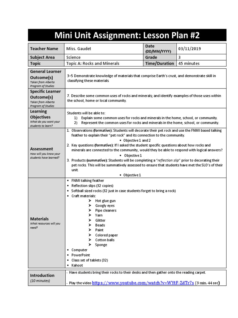 Mini Unit Assignment: Lesson Plan #2 | PDF | Learning | Cognition