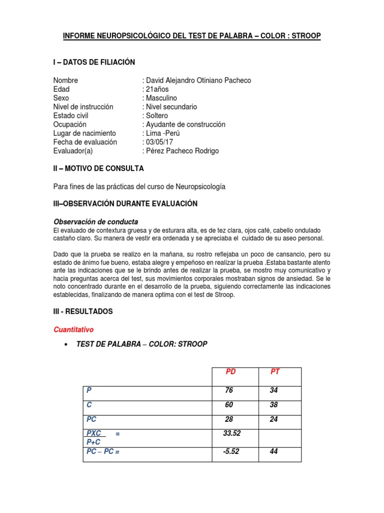 Modelo de Informe Stroop (Corregido) | PDF