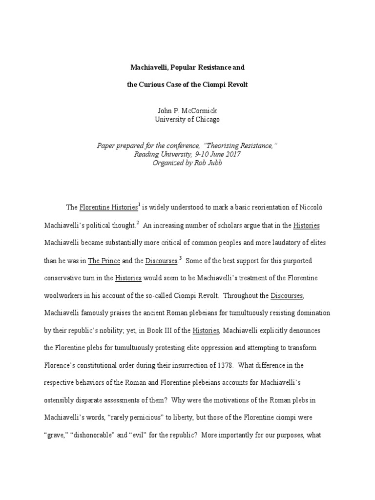 Machiavelli and the Ciompi Revolt | PDF | Niccolò Machiavelli | Roman ...