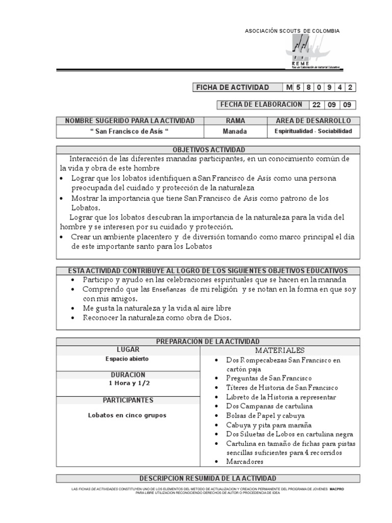 Ficha Reme San Francisco 2009 | PDF | Francisco de Asís | Exploración