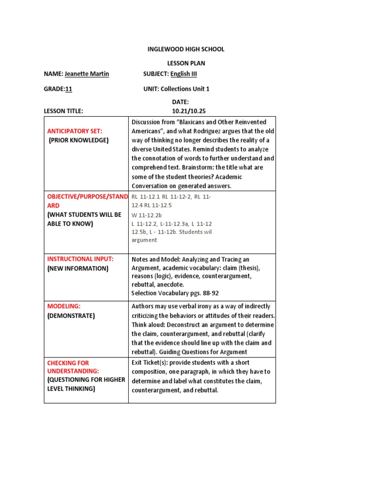 English III Lesson Plan on Argument Analysis | PDF | Argument | Vocabulary