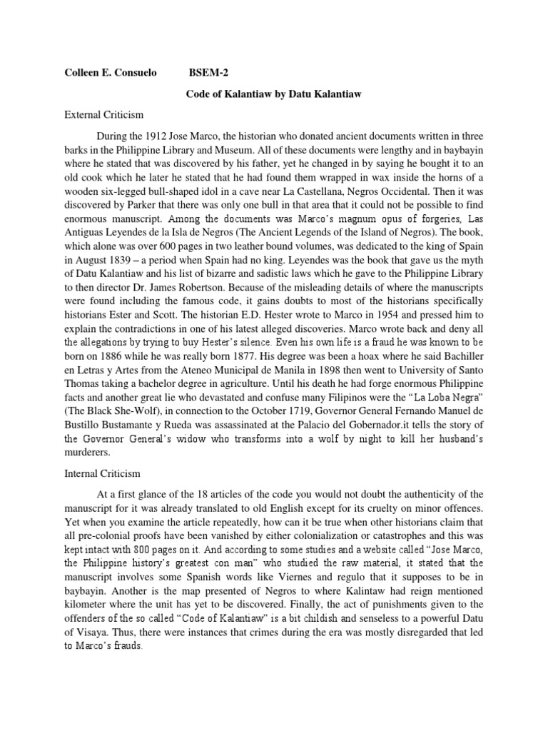 Colleen E. Consuelo BSEM-2 Code of Kalantiaw by Datu Kalantiaw | PDF