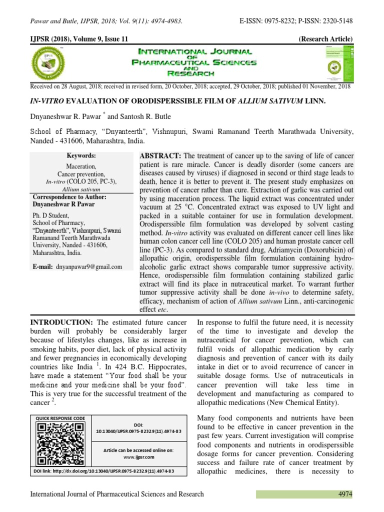 IN-VITRO EVALUATION OF ORODISPERSSIBLE FILM OF ALLIUM SATIVUM LINN.64-Vol.-9-Issue-11-Nov-2018 ...