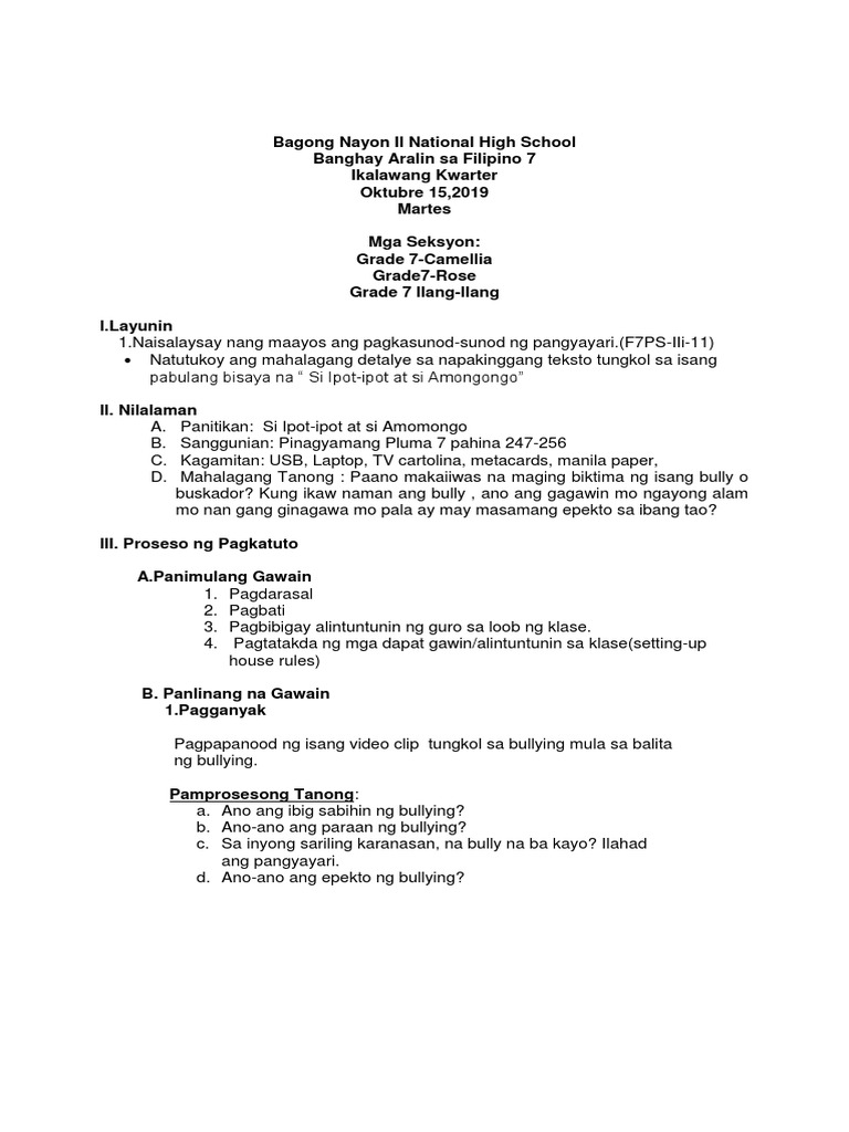 Amomongo at Ipotipot COT 2 2nd Quarter Filipino | PDF