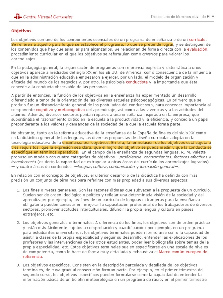 CVC. Diccionario de Términos Clave de ELE. Objetivos. | PDF | Plan de ...