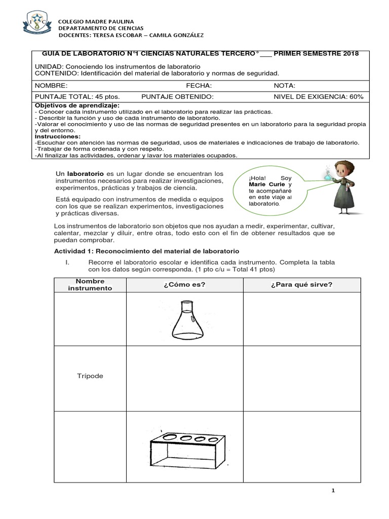 Hojas De Trabajo Sobre Herramientas De Laboratorio De Ciencias