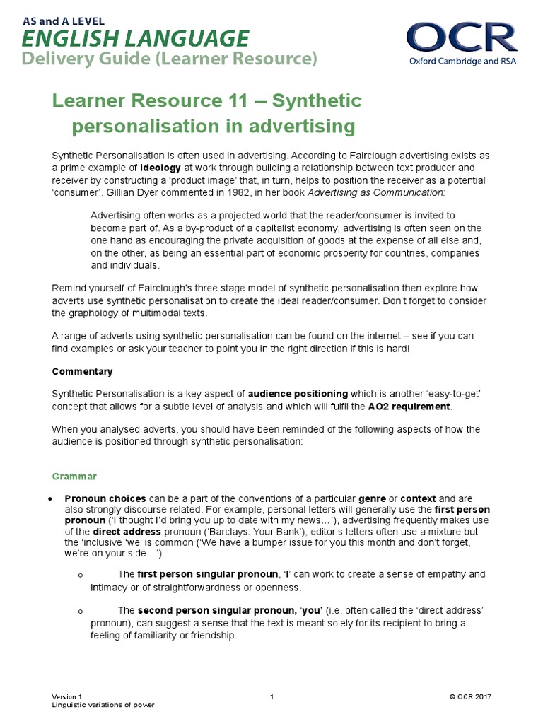 Learner Resource 11 Synthetic Personalisation in Advertising | PDF ...