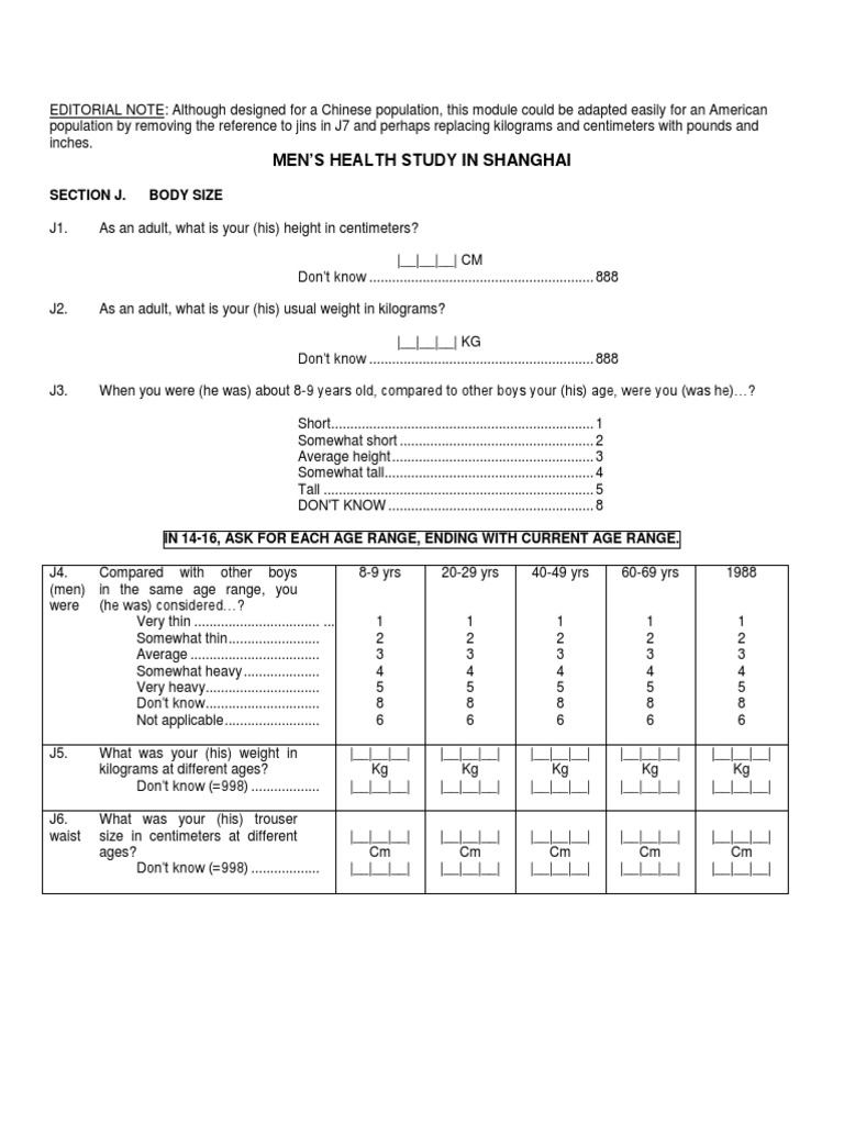 Shanghai Men Health Study Anthropometric Questionnaire | PDF | Nature