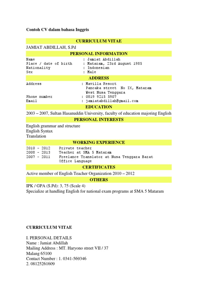 A Translation of an English Language Curriculum Vitae for a Job Application | PDF | Linguistics ...