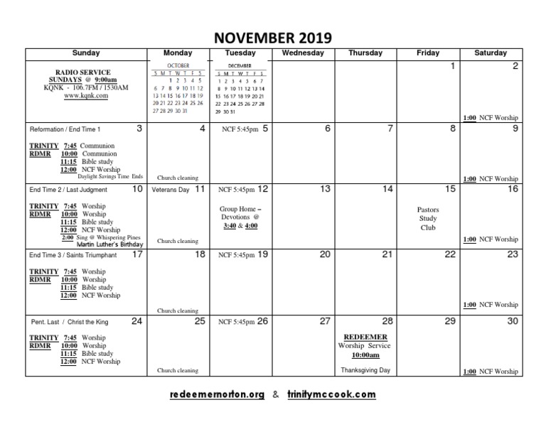 November 2019 Calendar | Download Free PDF | Worship | Christian ...