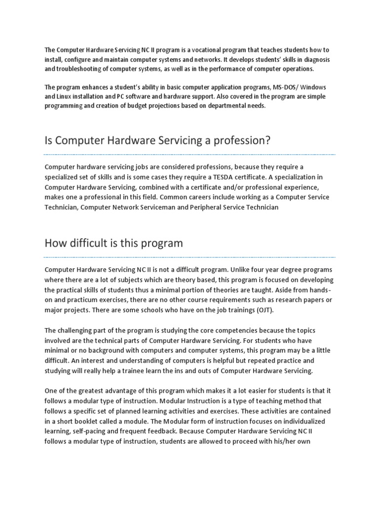The Computer Hardware Servicing NC II Program Is A Vocational Program That Teaches Students How ...