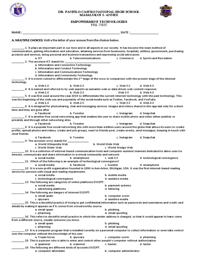 Pre-Test For Empowering Technologies | PDF | World Wide Web | Internet ...