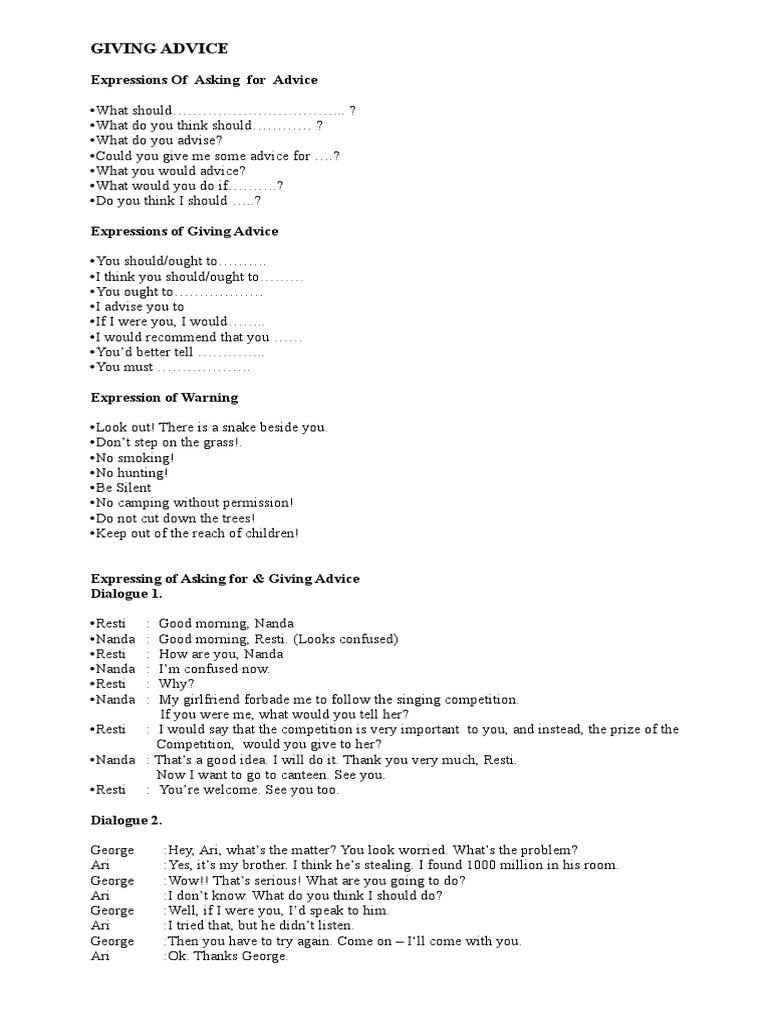 Asking For Giving Advice Warning | PDF