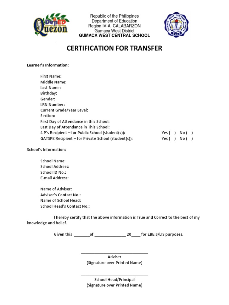 Certification of Transfer | PDF