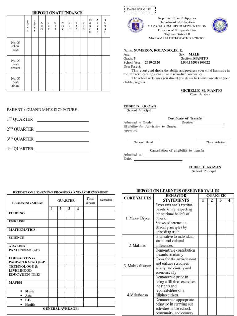 Report On Attendance: Deped Form 138 | PDF | Behavioural Sciences | Learning