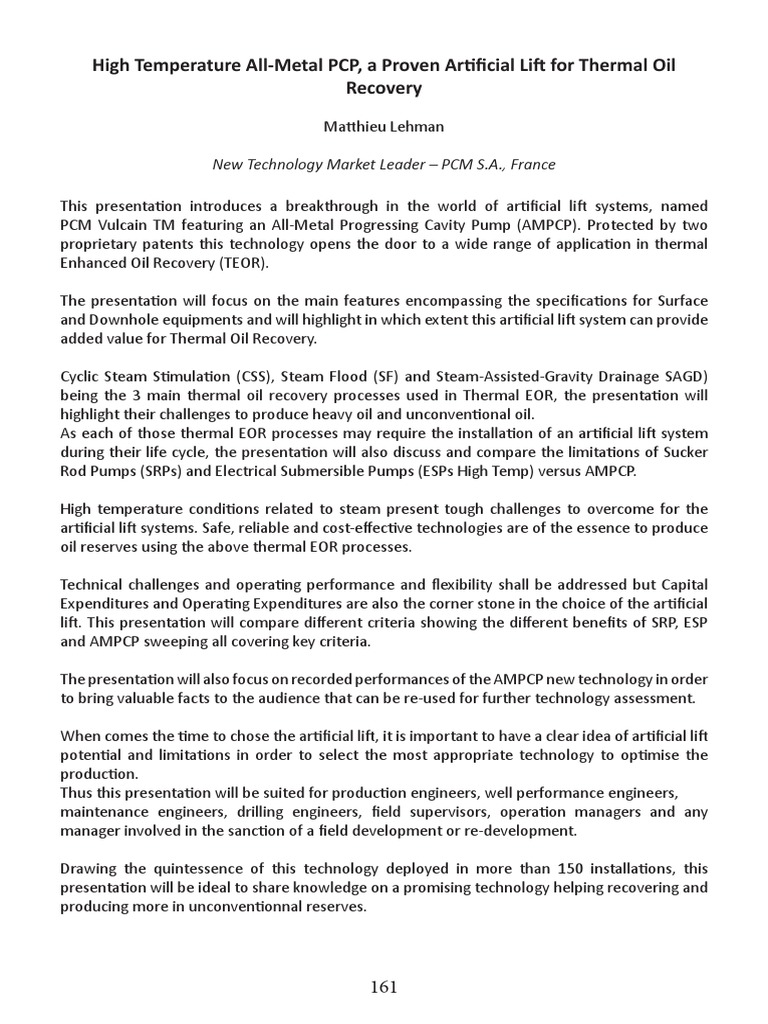 High Temperature All-Metal PCP, A Proven Artificial Lift For Thermal ...