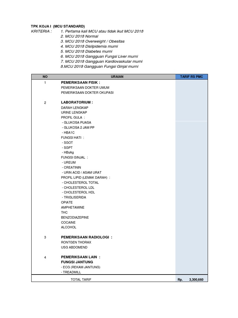 TPK Koja I (Mcu Standard) : NO Uraian Tarif Rs PMC | PDF | Cholesterol ...