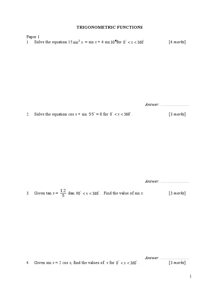 Trigonometric Functions Problem Set | PDF | Trigonometric Functions | Sine