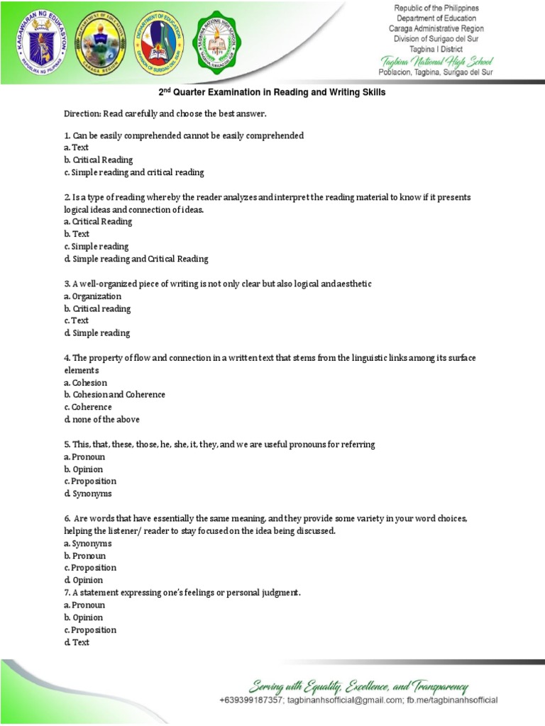 Grade 11 Reading & Writing Exam 2nd Quarter | PDF | Argument | Proposition