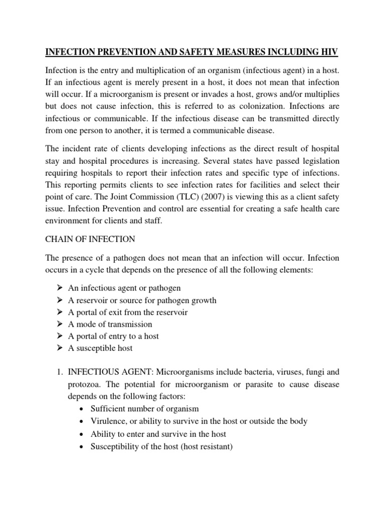 Infection Prevention and Safety Measures Including Hiv | PDF ...