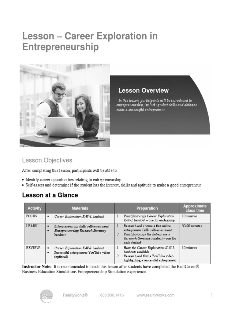Lesson - Career Exploration in Entrepreneurship | PDF ...