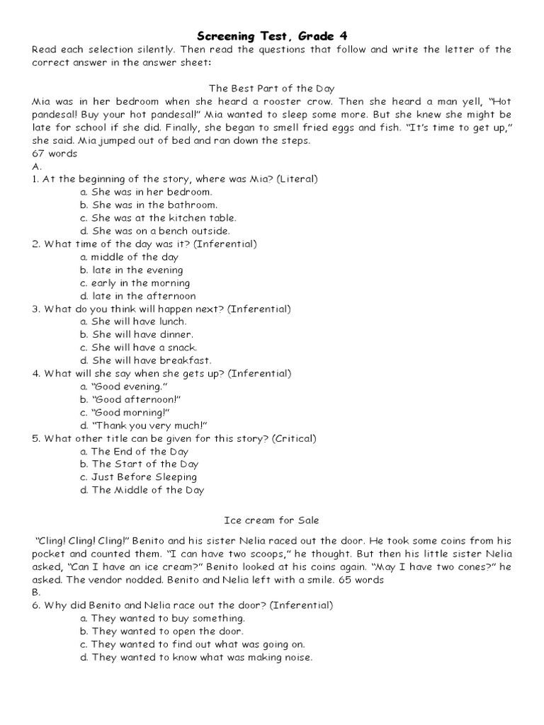 Screening Test, Grade 4 | PDF | Coral Reef | Sea