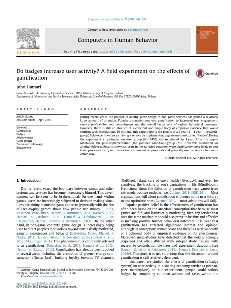 Computers in Human Behavior: Juho Hamari | PDF | Goal | Experiment