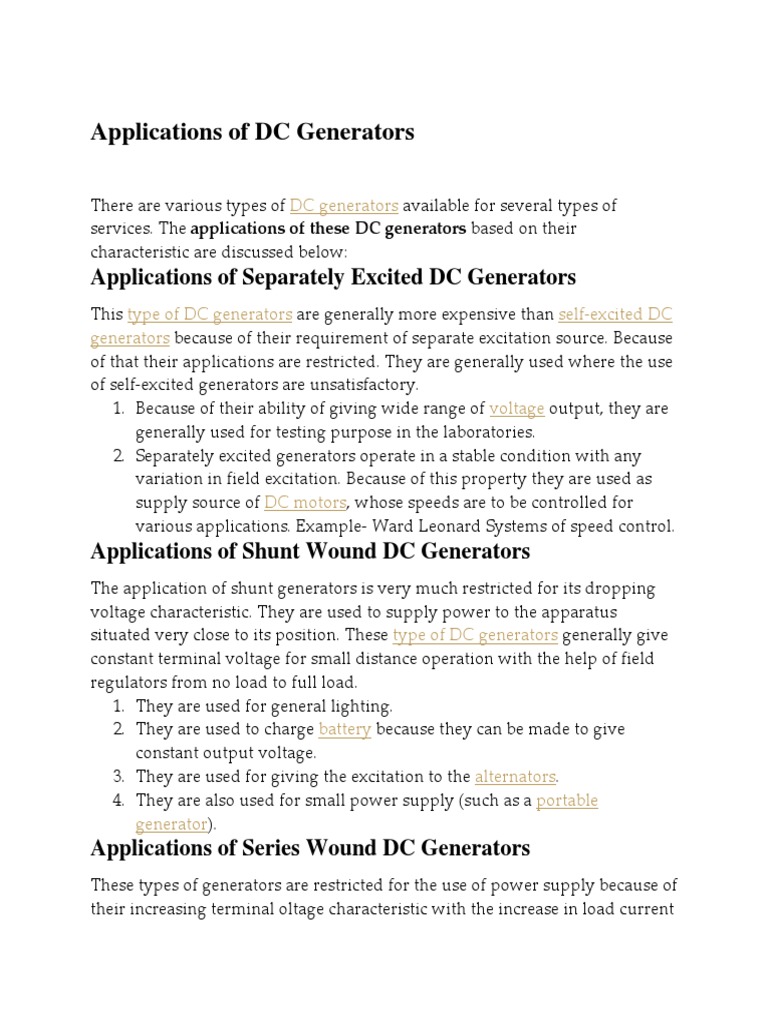 Applications of DC Generators | PDF | Direct Current | Power Supply