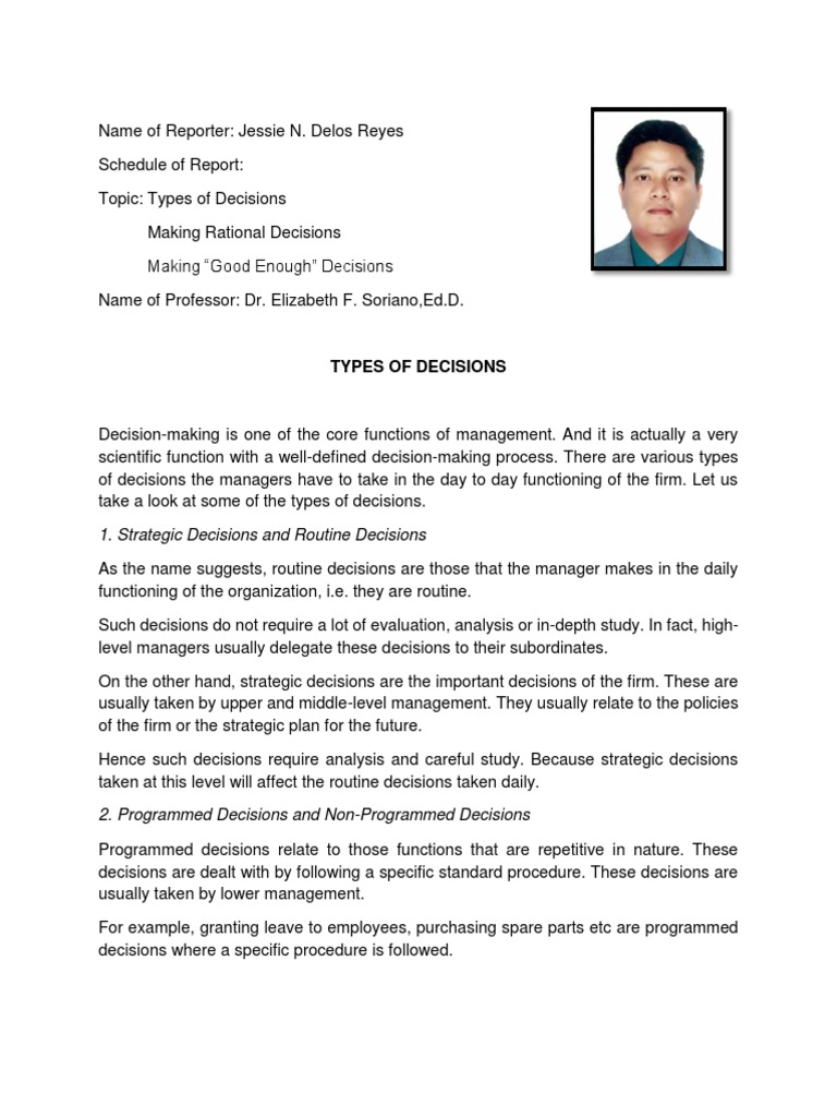 Types of Decisions: 1. Strategic Decisions and Routine Decisions | PDF ...