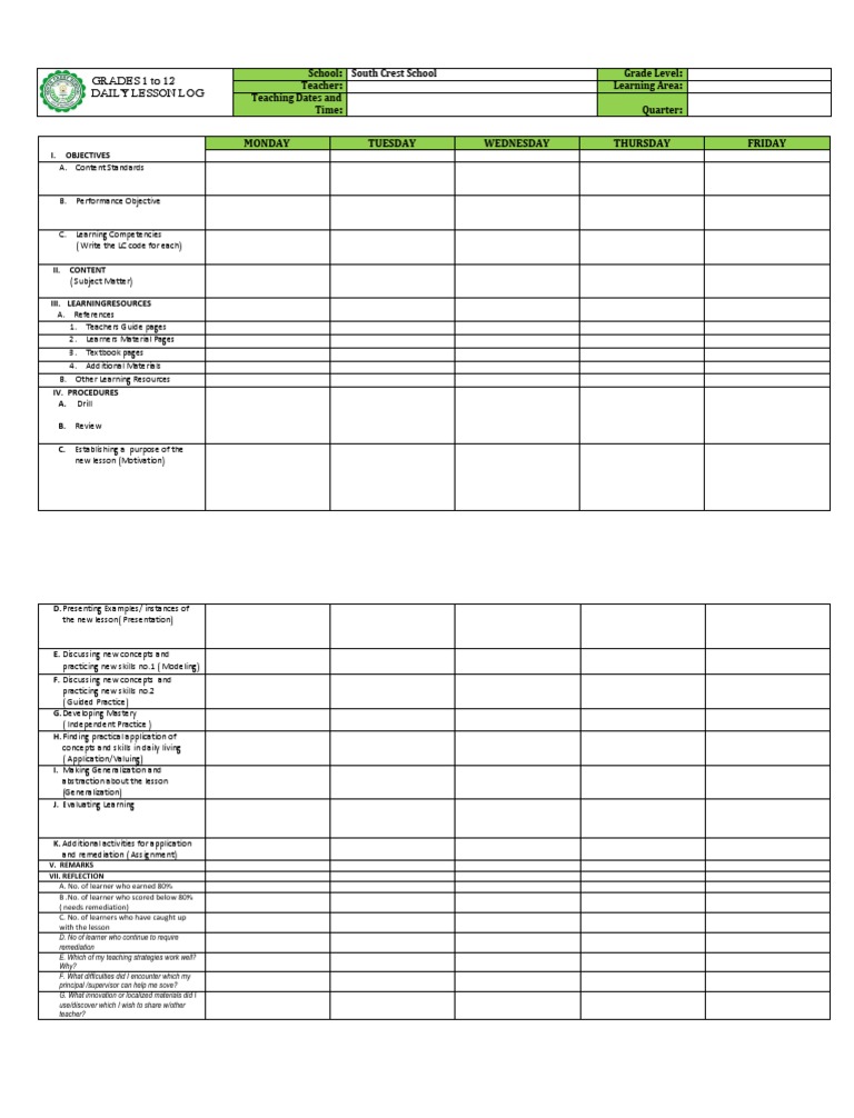 Daily Lesson Log Template | PDF