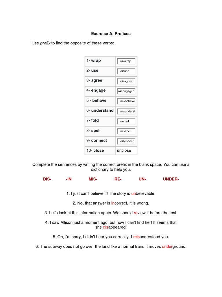 Prefix and Suffix Exercises | PDF | Syntactic Relationships | Linguistics